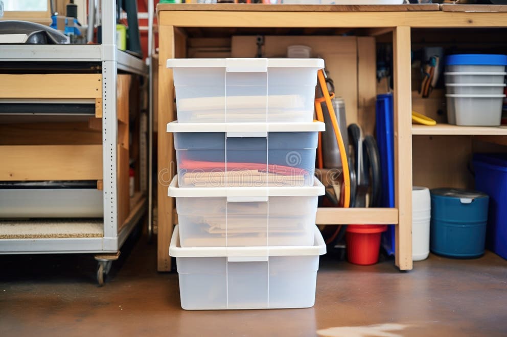 Stack of Clear Storage Bins in Garage Locker Stock Illustration ...