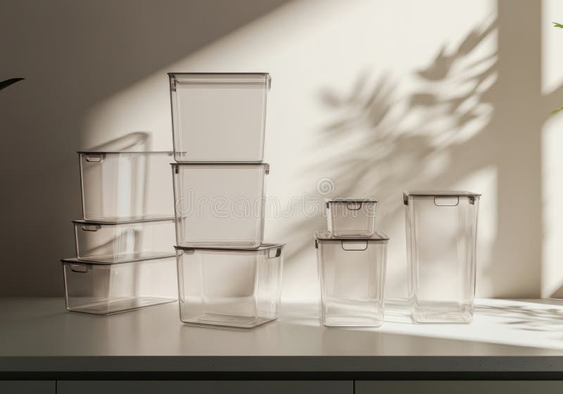 Stack of Clear Storage Containers on a Minimalist Shelf with Soft ...