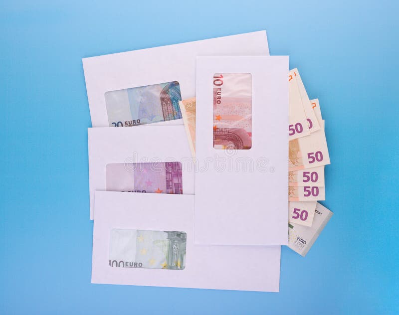 Stack of Closed White Envelopes with Euro Bills Inside and Banknotes ...