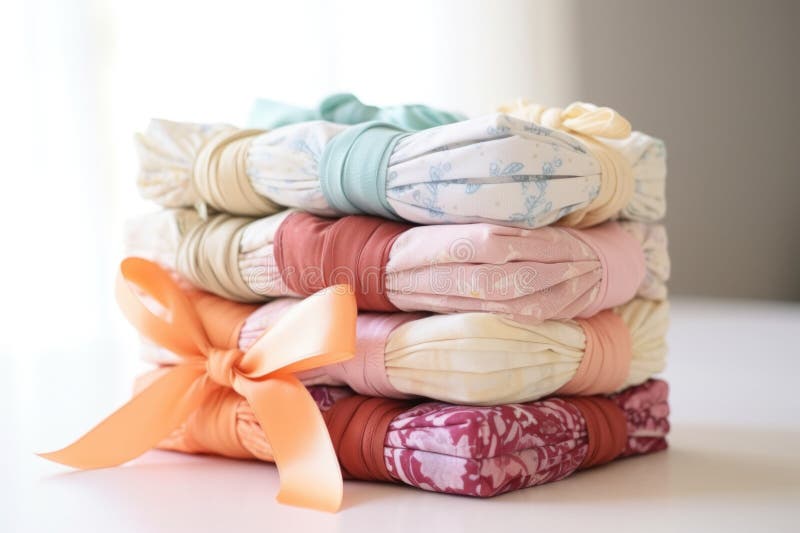 A Stack of Cloth Baby Diapers Rolled and Tied with Ribbons Stock ...