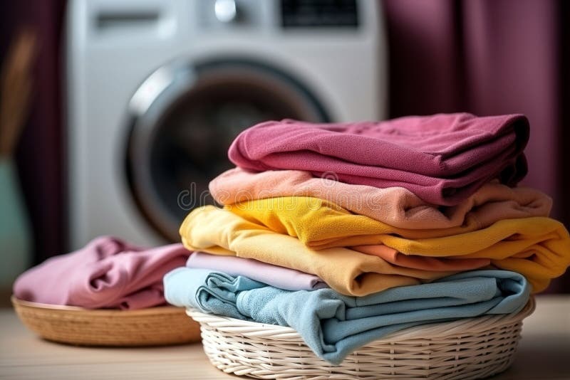 Stack of Clothes in a Basket on the Background of a Washing Machine ...