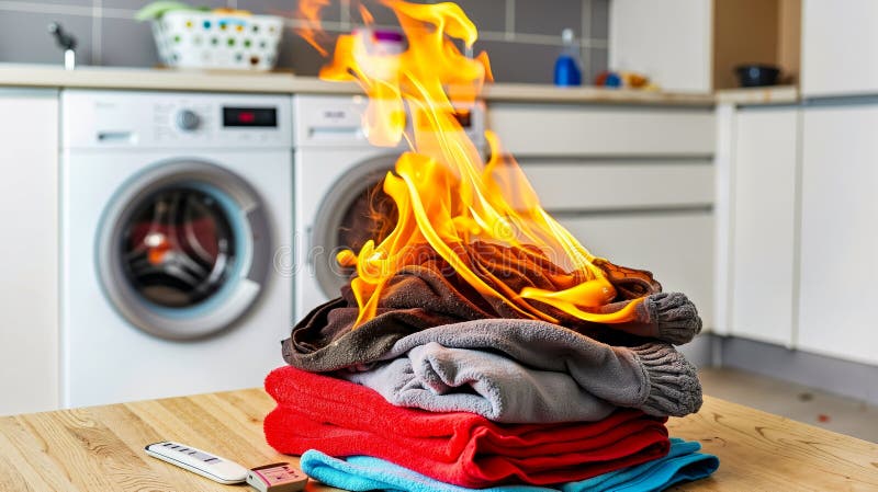 A Stack of Clothes on Fire in Front of a Washing Machine Stock Image ...