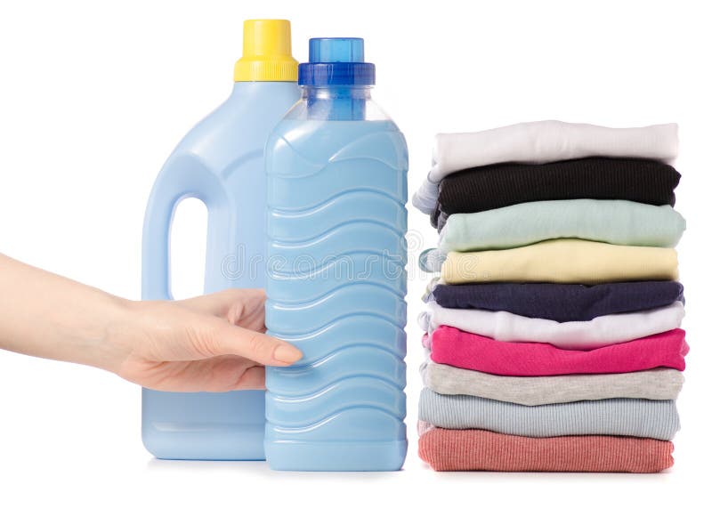 Stack of Clothes Liquid Powder Conditioner Fabric Softener in Hand ...
