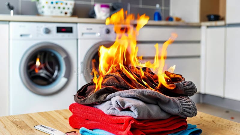 A Stack of Clothes on a Table in Front of a Burning Washing Machine ...