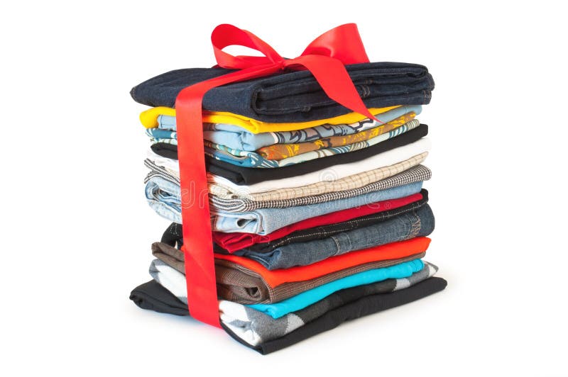 Stack of Clothing with Red Ribbon Stock Photo - Image of jeans, apparel ...