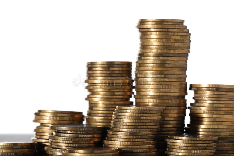 Stack of Coins Against White Background, Closeup Stock Image - Image of ...