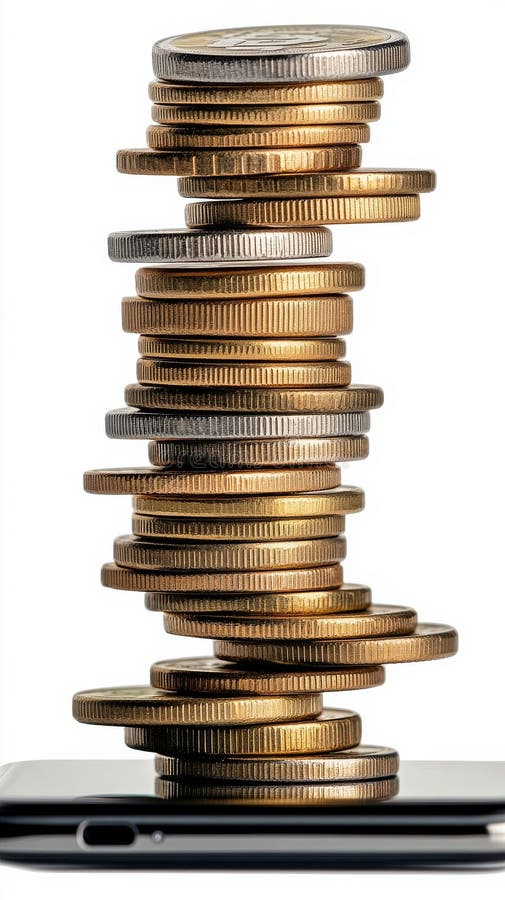 Stack of Coins Balanced on Smartphone Reflecting Savings and Financial ...