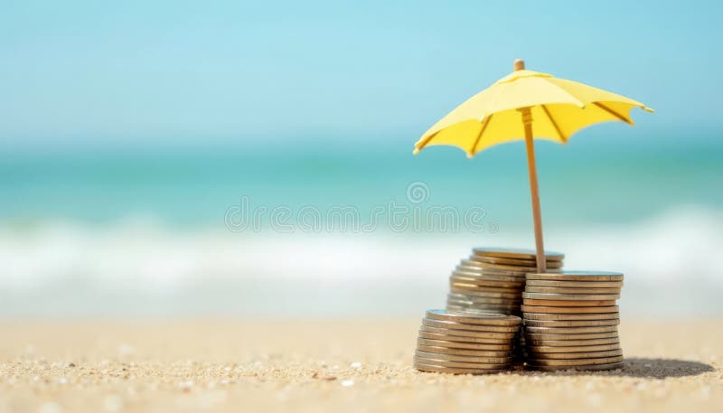 Stack of Coins on Beach with Tiny Umbrella. Summer Savings, Vacation ...