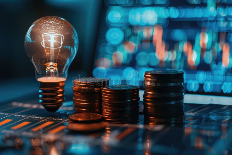 Stack of Coins and Bright Light Bulb with Digital Graphic Indicator ...