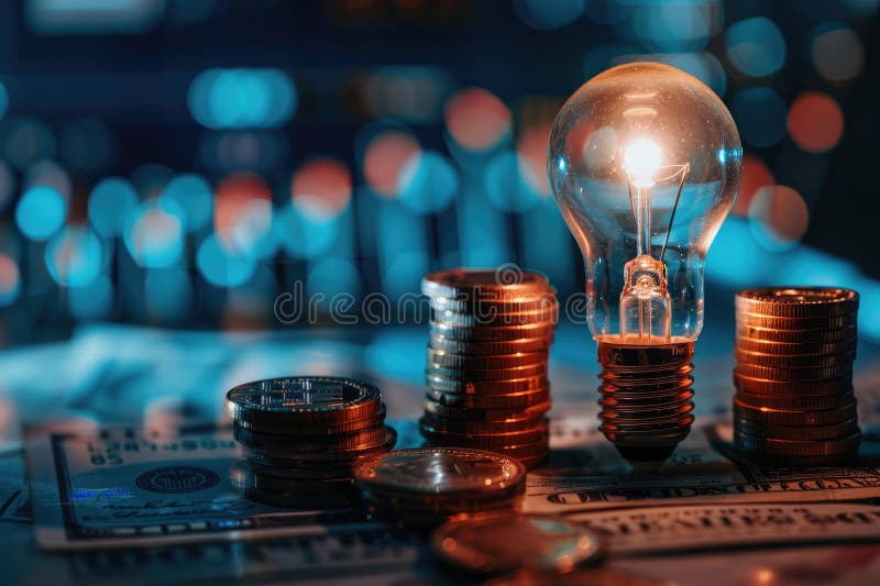 Stack of Coins and Bright Light Bulb with Digital Graphic Indicator ...