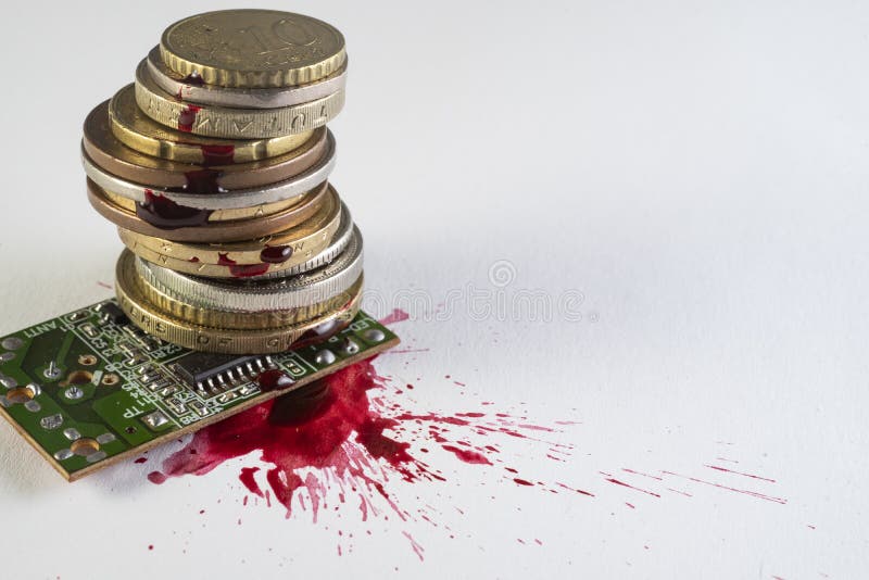 Stack of Coins on a Circuit Board, with a Blood Trail, Representing ...