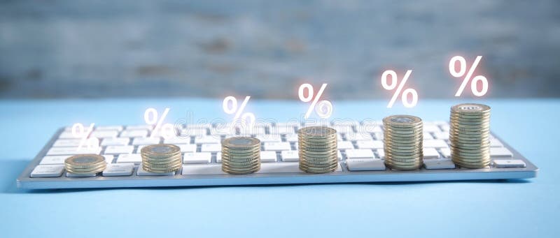 Stack of Coins on Computer Keyboard with a Percent Symbols Stock Image ...
