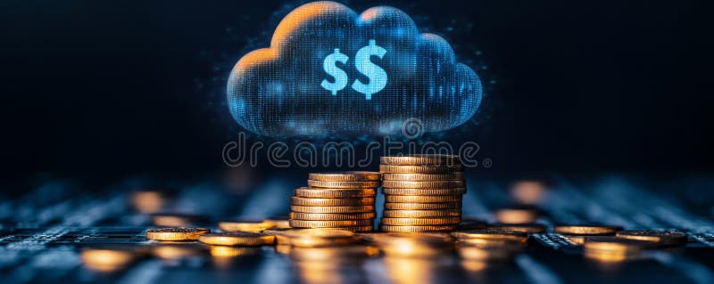 Stack of Coins with Digital Cloud Displaying Dollar Signs, Financial Technology Concept Stock ...