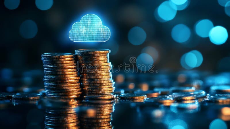Stack of Coins with Digital Cloud Icon, Financial Technology Concept ...