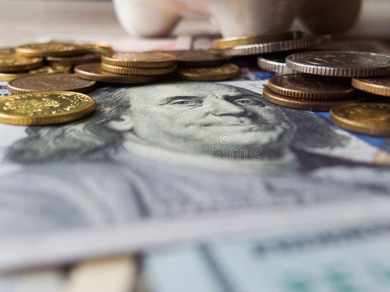 A Stack of Coins and a Dollar Bill Stock Image - Image of market ...