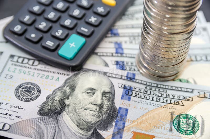 Stack of Coins, Dollars and Calculator. Money Saving Concept. Stock ...