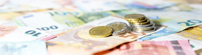 Stack of Coins on Euro Banknotes As Wide Panoramic Format, Website ...