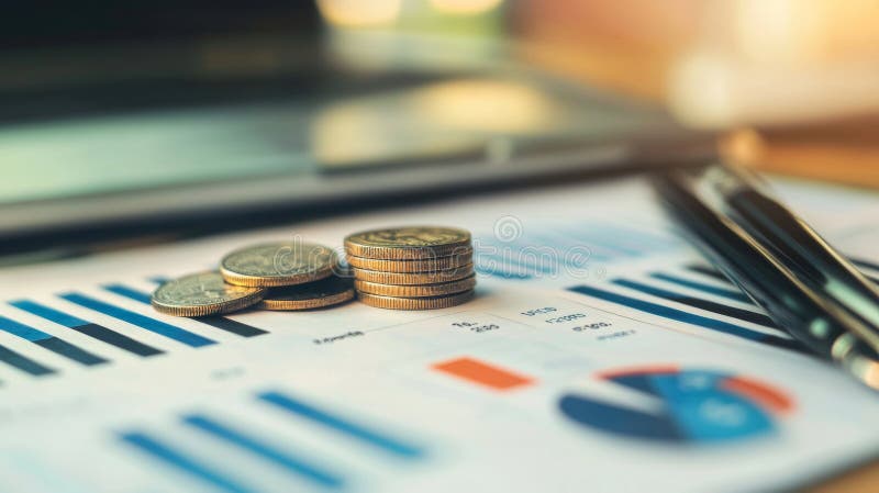 Stack of Coins on Financial Report with Charts and Graphs Stock Image ...