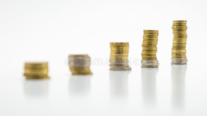 Stack of Coins, Five of Rows Isolated on White Background. Growing and ...
