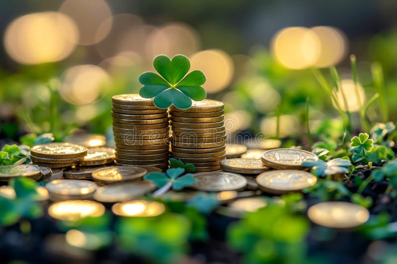 A Stack of Coins with a Four Leaf Clover on Top of Them Stock Photo ...