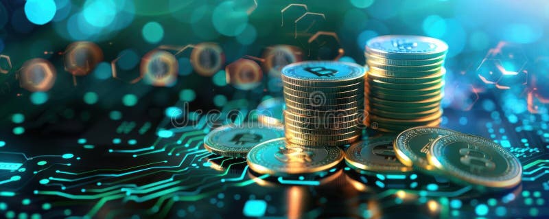 Stack of Coins with Futuristic LED Graph Chart, Neon Green and Blue ...