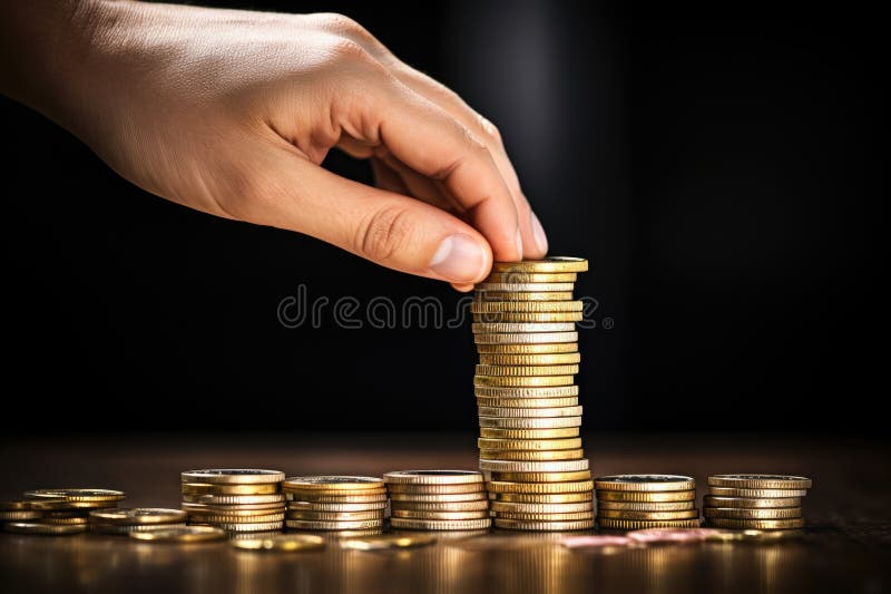 A Stack of Coins Getting Progressively Taller, Hand Placing the Top ...