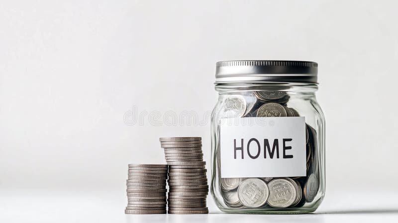 Stack of Coins and a Glass Jar with Labeled HOME Stock Illustration ...