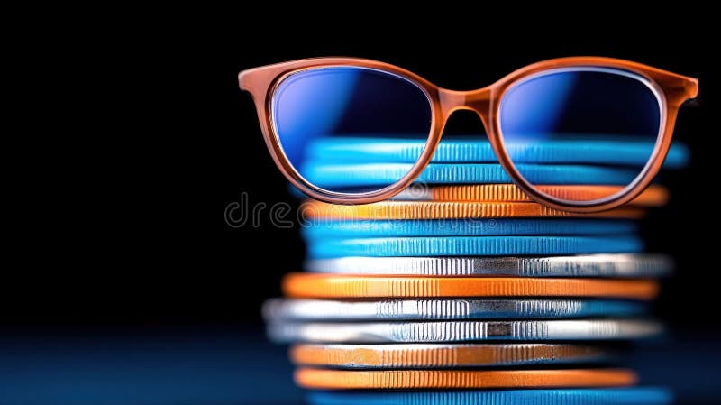 Stack of Coins with Glasses on Top, Minimalistic Blue and Orange Color ...