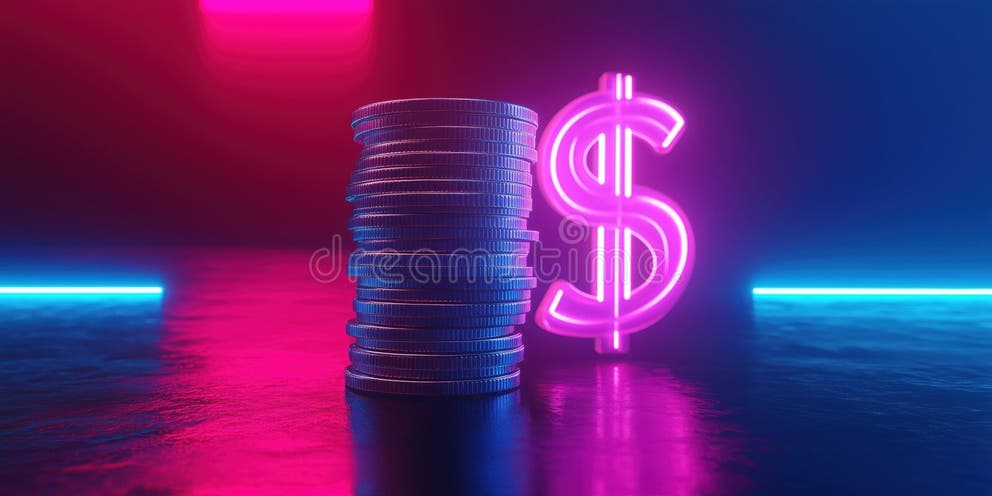 Stack of Coins with Glowing Dollar Sign in Neon Lighting Environment ...