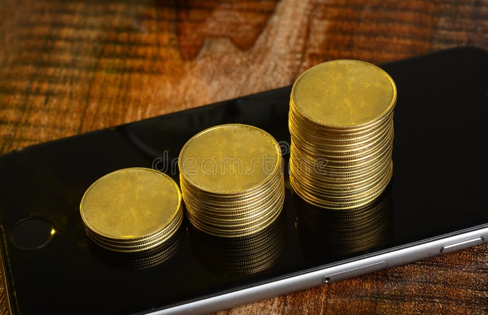 Stack of Coins Going Up Graph on Mobile Screen Stock Photo - Image of ...