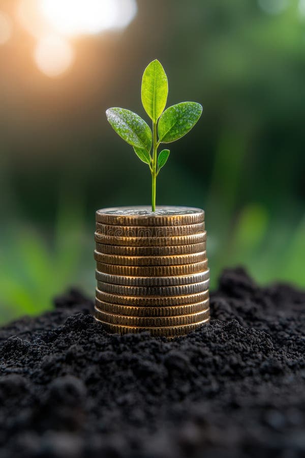 Stack of Coins with Growing Green Plant Symbolizes Financial Growth and ...