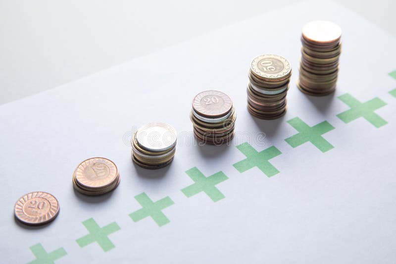 Stack of Coins with a Growing Plus Signs Stock Photo - Image of ...