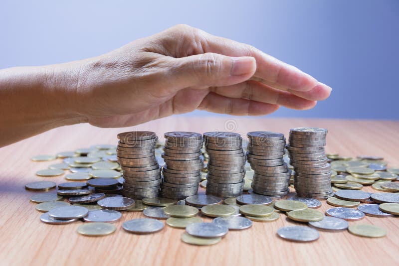 Stack Coins with Hand of Businessman Cover Stack Coins. Stock Image ...