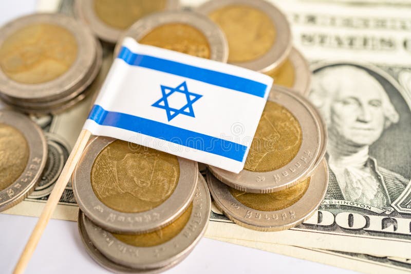 Stack of Coins with Israel Flag and US Dollar Banknotes Stock Image ...