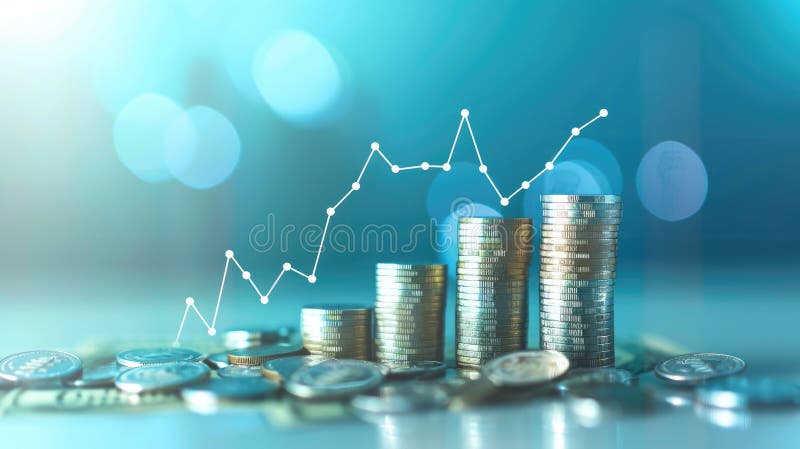 A Stack of Coins and a Line Graph are Shown on a Blue Background Stock ...