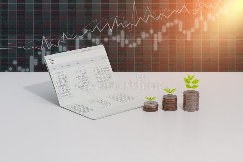 Stack of Coins and Account Book Bank on the Table Stock Photo - Image ...