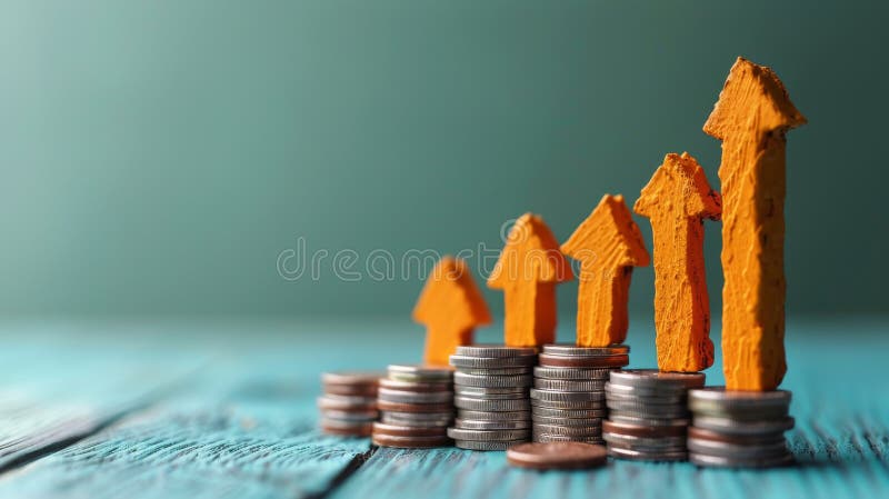 Stack of Coins Next To Line of Orange Arrows Stock Image - Image of ...