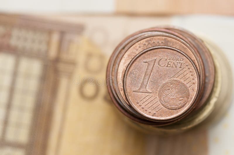 Stack of Coins with One Euro Cent on the Top, on Euro Banknotes ...