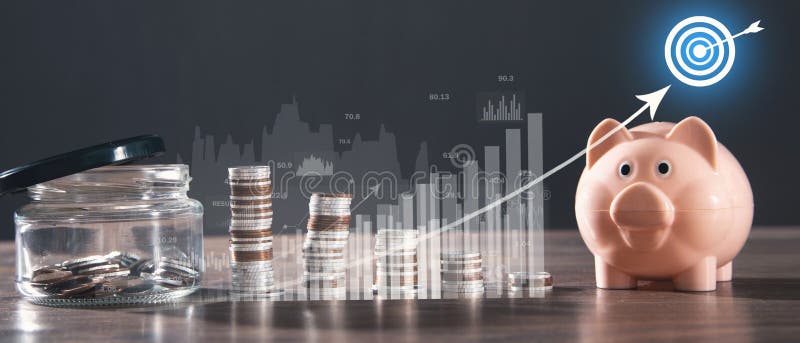 Stack of Coins and Piggy Bank on the Table. Achieve Business Goals with ...