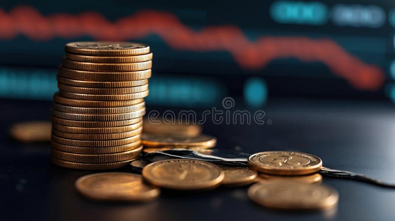 Stack of Coins Precariously Balanced on Edge of Broken Stock Chart ...