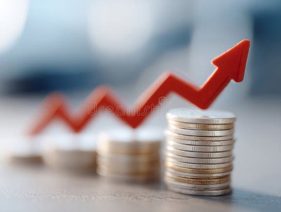 A Stack of Coins with a Red Arrow Going Up on Top of it Stock Photo ...