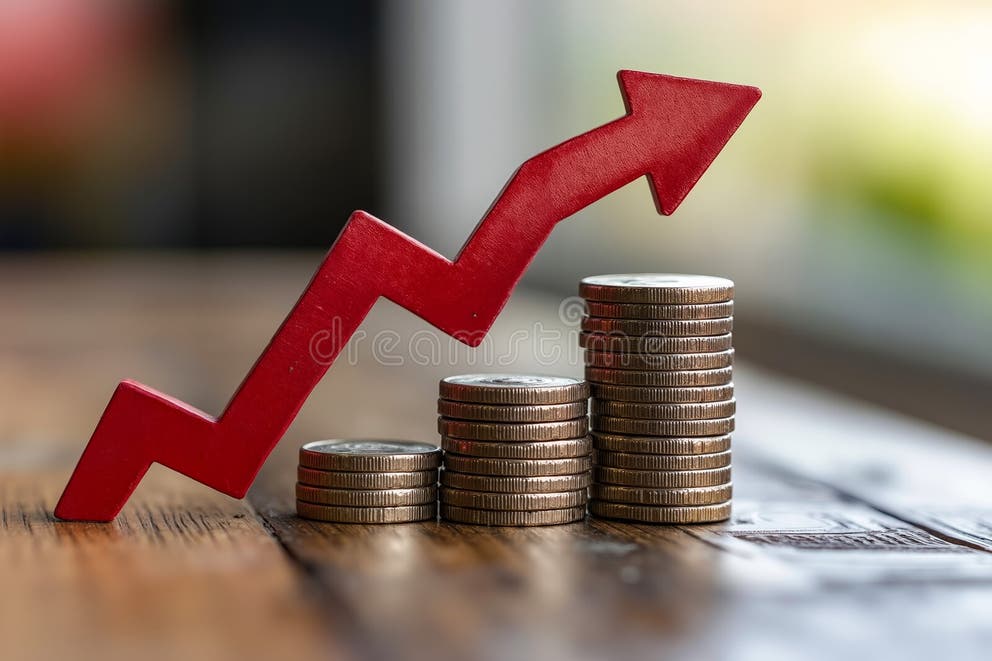 A Stack of Coins with a Red Arrow Going Up on Top of Them Stock Image ...