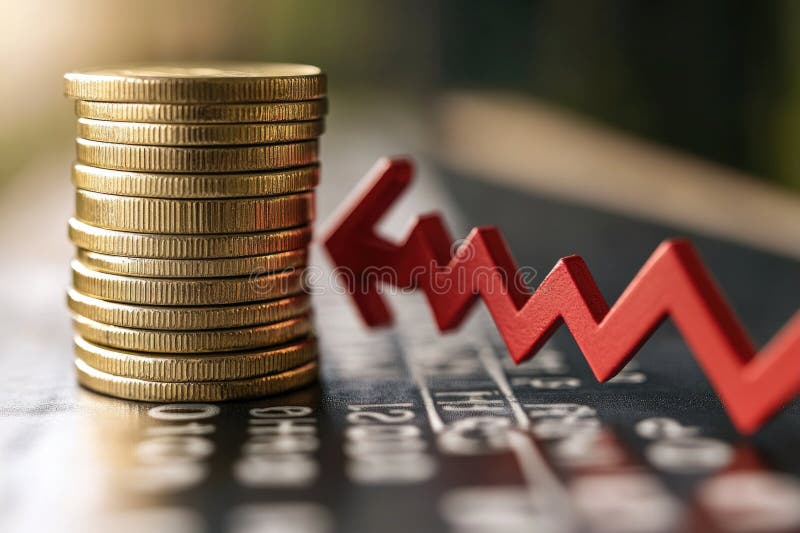 Stack of Coins and a Red Arrow Pointing Down Stock Photo - Image of ...