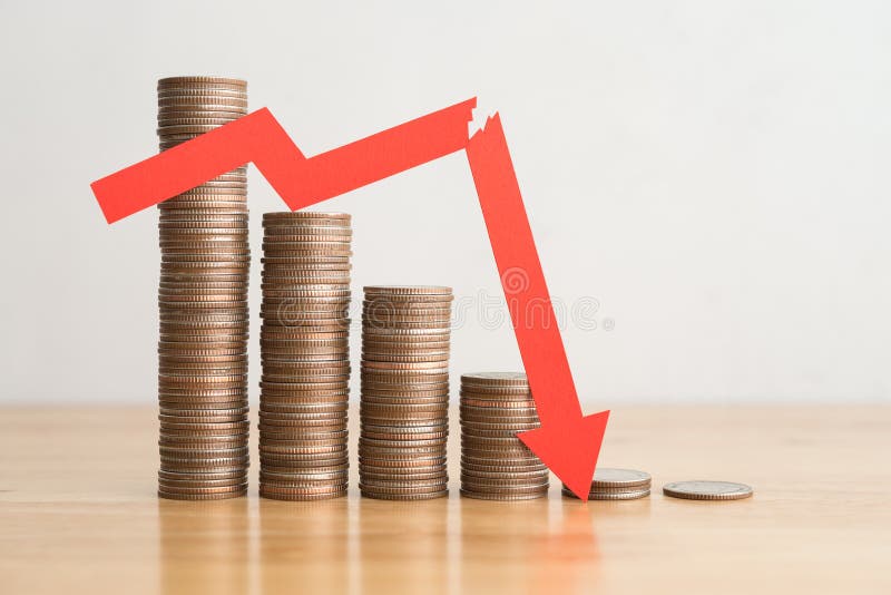 Stack Coins and Red Broken Arrow Graph Chart Falling Down on Wooden ...