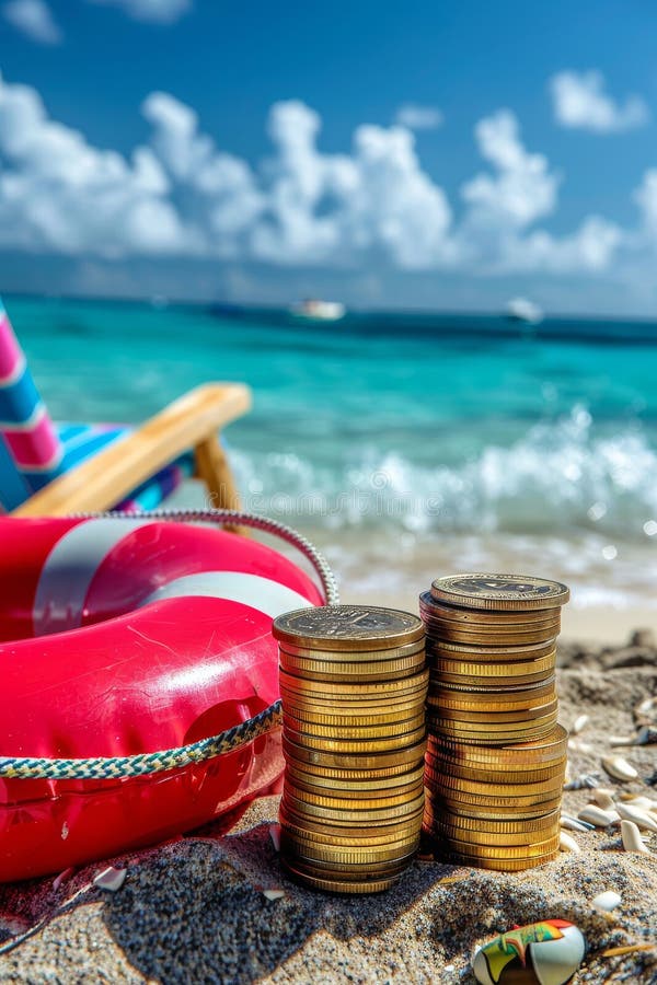 A Stack of Coins Resting on Sandy Beach Shoreline Next To a Beach Chair ...