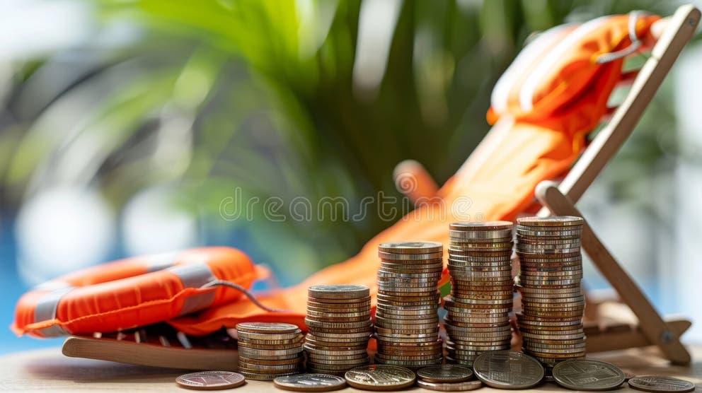 A Stack of Coins Rests on a Table beside a Miniature Beach Chair Stock ...