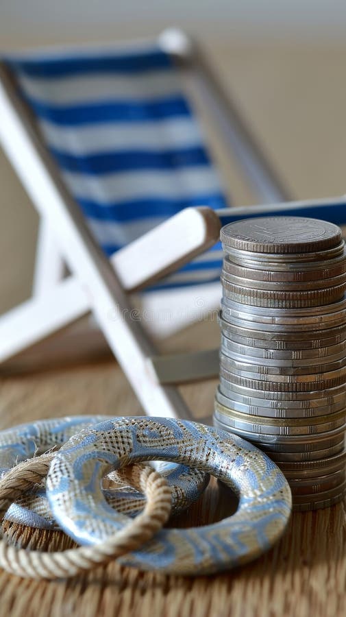 A Stack of Coins Rests on a Wooden Table Next To a Miniature Beach ...