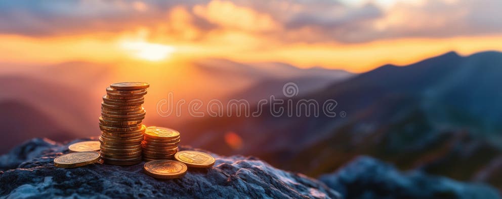 Stack of Coins on Rocky Surface during Sunset with Mountains in ...