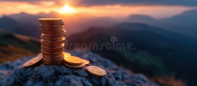 Stack of Coins on Rocky Surface during Sunset with Mountains in ...