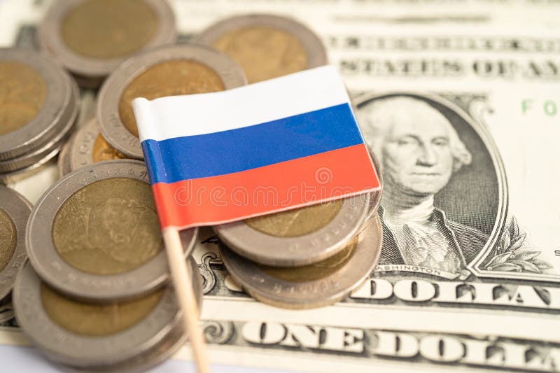 Stack of Coins with Russia Flag and US Dollar Banknotes Stock Photo ...